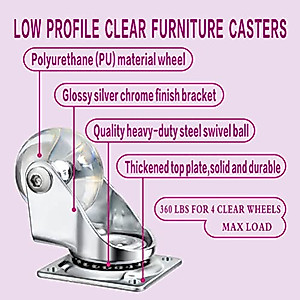 JGJC Caster Wheels 1.5 inch (d=1-3/8", h=2"), Furniture Small Casters Set of 4, Polyurethane Swivel Castor Wheels for Furniture, Cabinet, Clear Wheels Square Plate (1-5/8"×1-5/8"), Load 360 lbs