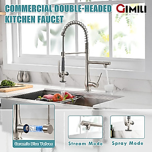 GIMILI Kitchen Faucet with Pull Down Sprayer, Single Handle High Pressure Kitchen Sink Faucet, Commercial Double-Headed Stainless Steel Kitchen Faucets Sink with Deck Plate, Brushed Nickel