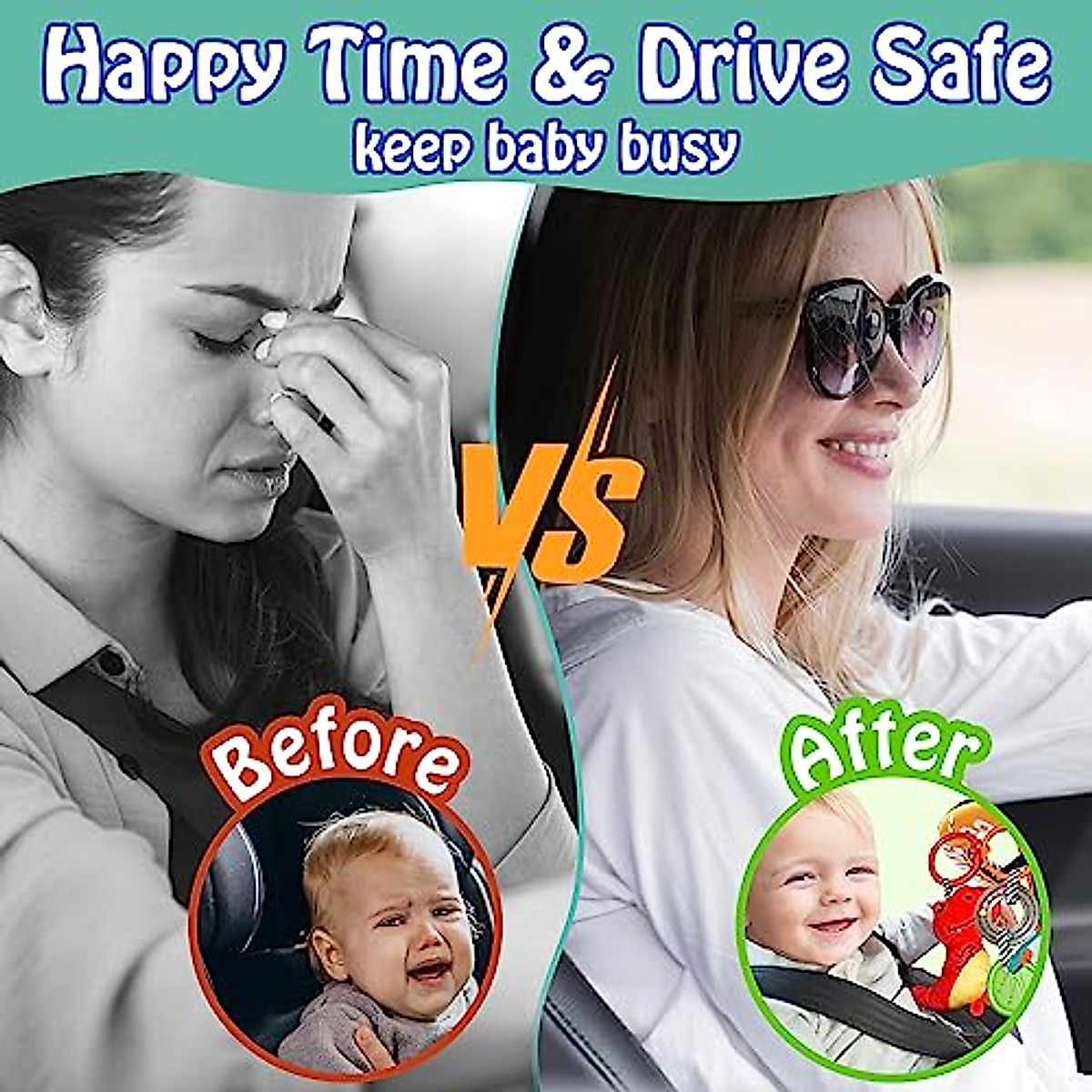 Innofans Baby Car Seat Toys with Dinosaurs Toys - Kick and Play Double Sided Infant Car Seat Toys with Plush Toys, Mirror, Teether for Baby, Baby Travel Activities, Newborn Toys, Infant Toys