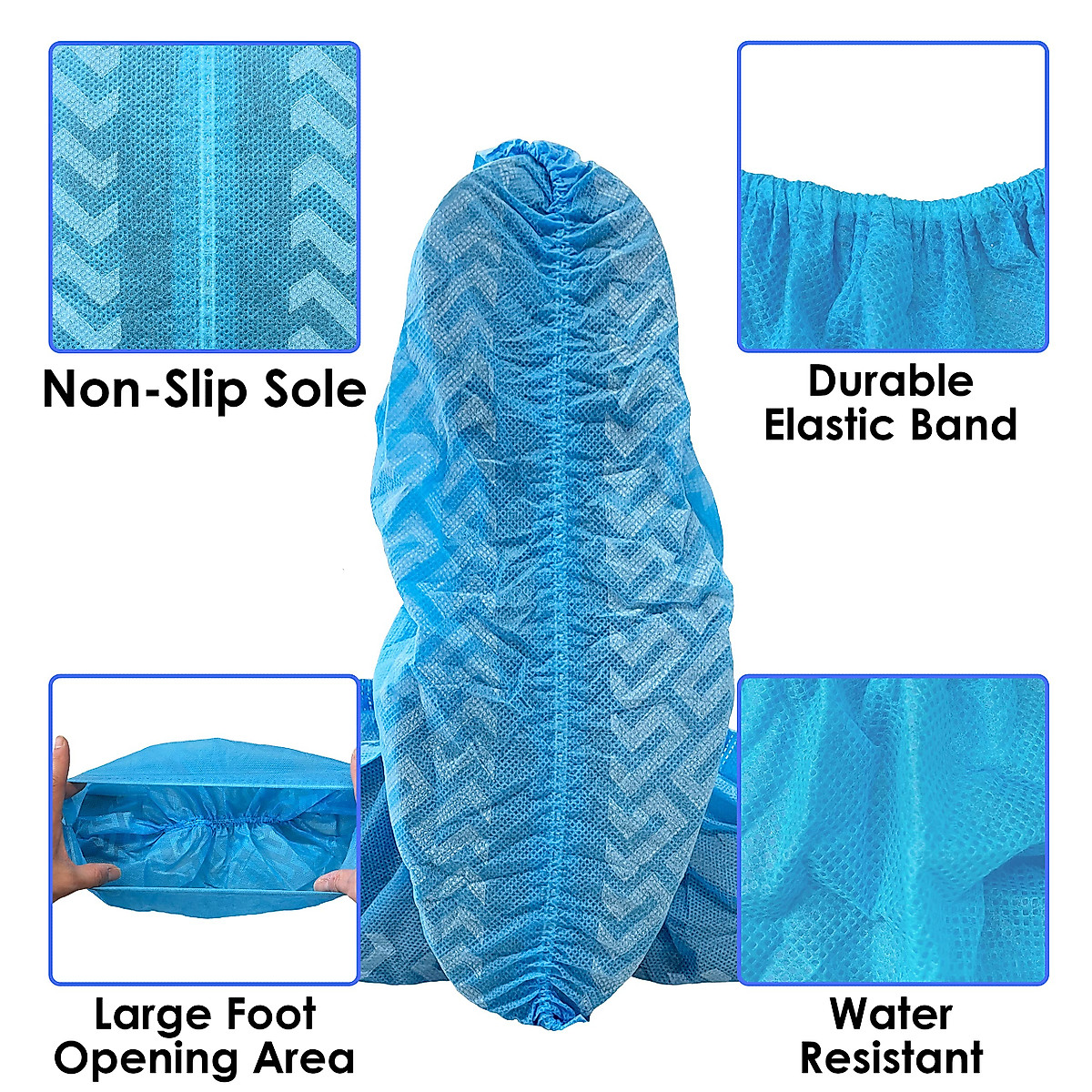 Buena Goods 100 Pack Extra Large Disposable Blue Boot and Shoe Covers - Indoor Reusable Shoe Covers Disposable - Non Slip Booties - Fits US Men's Size 14 and Women's 16 Size