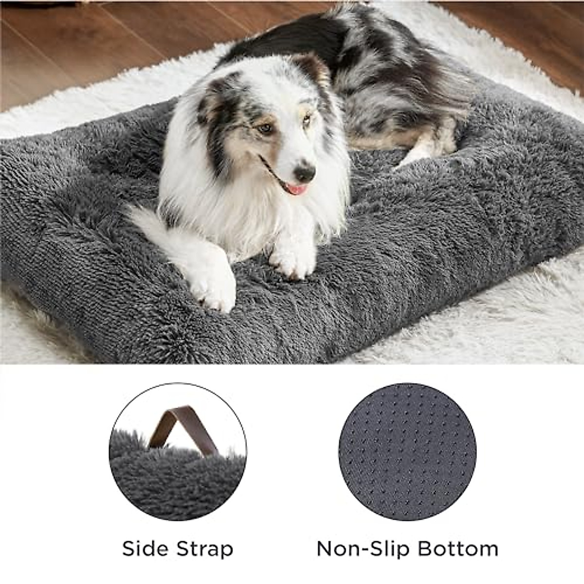 Bedsure Large Dog Bed Washable, Plush Calming Dog Crate Beds for Large Breed, Fulffy Dogs Sleeping Mat, Anti-Slip Pet Kennel Pad, 35" x 23", Dark Grey