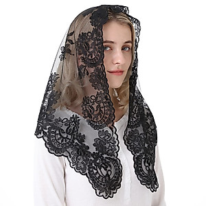 Spanish Mantilla Traditional Church Mass Head Covering Chaple Lace Veil Catholic Mass First Coummunion Bridal Latin Mass Veil (Black)