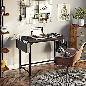 Rolanstar Computer Desk with Power Outlet, Home Office PC Desk with USB Ports Charging Station, 39" Desktop Table with Side Storage Bag and Iron Hooks, Stable Metal Frame Workstation, Black