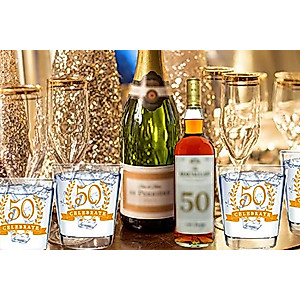 BISYATA 50th Birthday Gift or Birthday Decoration for Women Men - 50 Celebrate - 50th Shot Glass Set of 2-50th Gold Anniversary Decoration or Gift - 2oz - With Gift Box