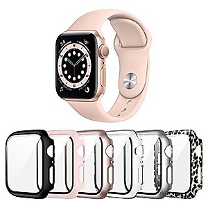 Landhoo 6 Pack case for Apple Watch Series SE/6/5/4 44mm Screen Protector with Tempered Glass, Hard PC HD Full Cover Protective iwatch.