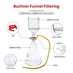 Buchner Funnel Filter Flask Set ，Laboratory High Borosilicate Glass Vacuum Filter with 1000ml Filter Bottle and 250ml Buchner Funnel