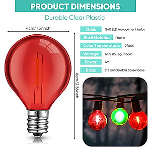 LEIFIDE 100 Pcs G40 LED Light Bulbs Replacement 1W Globe Bulbs Outdoor LED Light Bulb Fits C7 and E12 Candelabra Screw Base Sockets LED String Light Bulbs Shatterproof Bulbs, 2700k(Red, Green)
