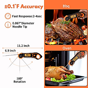 Qisebin Digital Meat Thermometers for Cooking Grilling - IPX7 Waterproof Instant Read Food Thermometer for Meat, Deep Frying, Baking, Outdoor & BBQ (Orange)