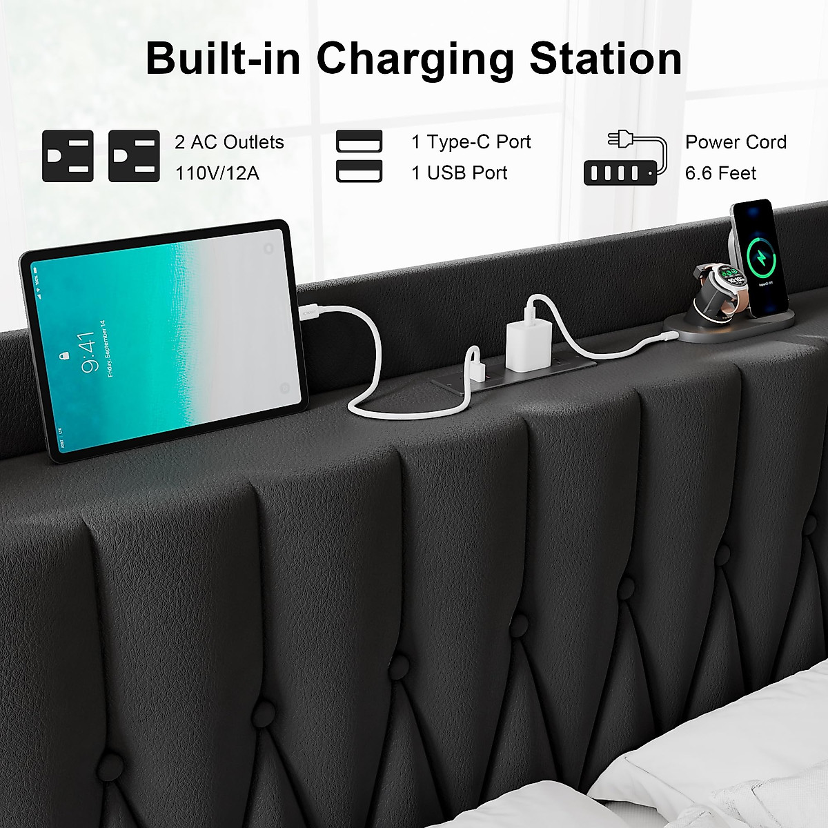 Feonase Leather Queen Bed Frame with Fast Charging Station,Queen Size Metal Platform Beds with Upholstered Headboard & Footboard,12" Underbed Storage Space,Easy Assembly,Noise-Free,Black