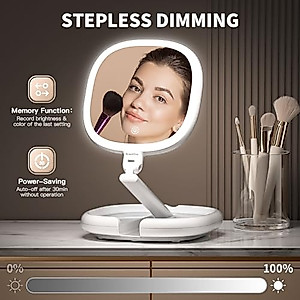 Beautifive Makeup Mirror with Light and Magnification, 10X/1X Light Up Makeup Mirror Travel Lighted Make Up Mirror with Adjustable Height Double Sides Folding Magnifying Mirror with Light