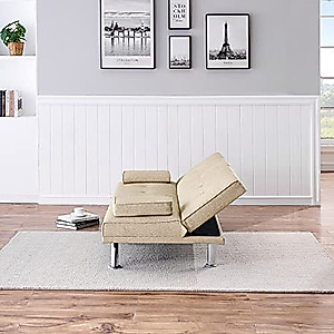 67" Leather Multifunctional Double Convertible Folding Futon Sofa Bed, Adjustable Couch Sleeper Modern for Office with 2 Cupholders, Removable Armrests (Beige)