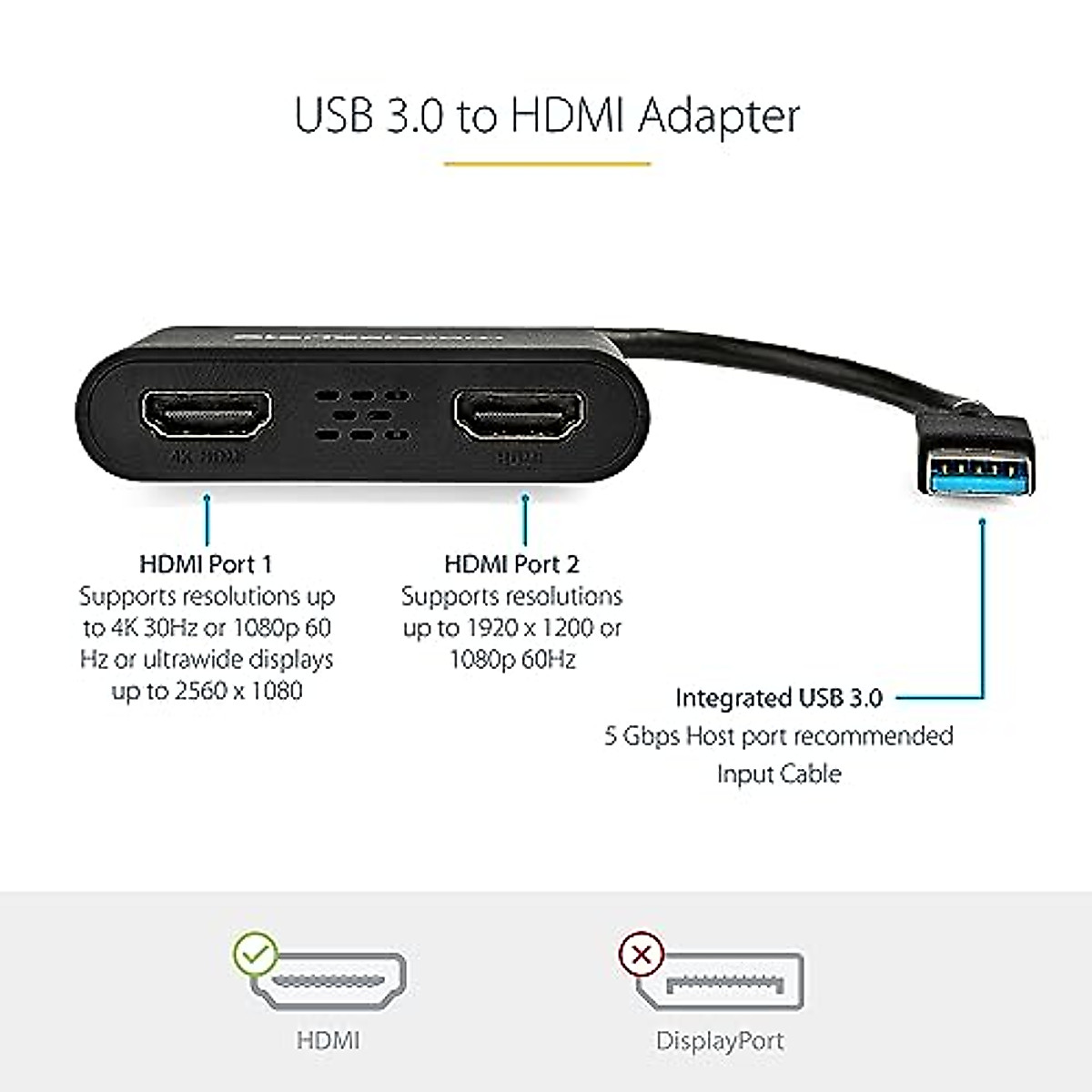 StarTech.com USB 3.0 to Dual HDMI Adapter - 1x 4K 30Hz & 1x 1080p - External Video & Graphics Card - USB Type-A to HDMI Dual Monitor Display Adapter - Supports Windows Only - Black (USB32HD2)