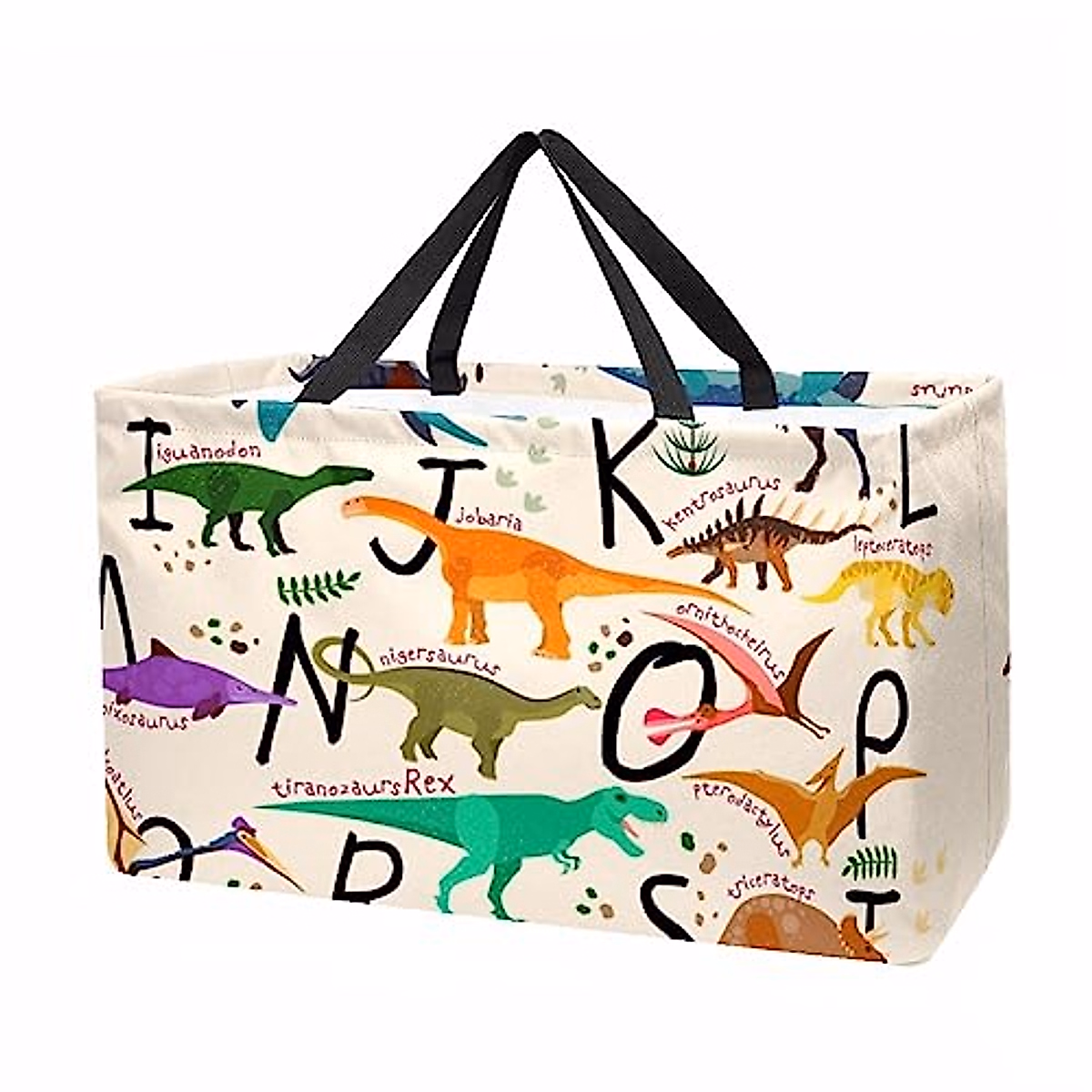KQNZT Reusable Grocery Bags, Heavy Duty Reusable Shopping Bags, Large Tote Bags with Long Handles and Reinforced Bottom, Dinosaur Cartoon Alphabet