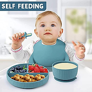 Silicone Baby Feeding Set, 2 adjustable bibs with food collectors, 1 suction cup divider, 1 suction cup, 1 sippy cup,1 stage 1 spoon and 1 fork, Baby Led Weaning Utensils,Toddler Self Feeding Set