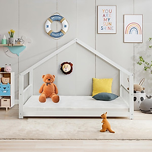 Pipleo Full Size Floor Bed, Wood House Bed with Headboard and Footboard, Montessori Wood Bed, Playhouse Toddler Floor Bed Frame for Boys, Girls, No Box Spring Needed (White, Full Size)