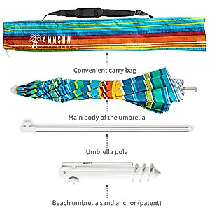 AMMSUN Beach Umbrellas for Sand Heavy Duty Wind Portable,6.5ft Outdoor Umbrella with Sand Anchor and UV 50+ Protection, Includes Carry Bag for Beach, Patio, and Garden, Yellow Stripes