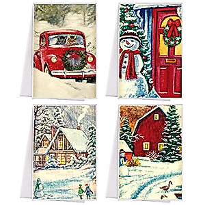 4 Pieces Christmas Hand Towel Christmas Dish Towels Kitchen Towels Bathroom Hand Towel Farmhouse Snowman Truck Christmas Decor Holiday Hand Towels for Bathroom, Home, Kitchen Drying and Cleaning