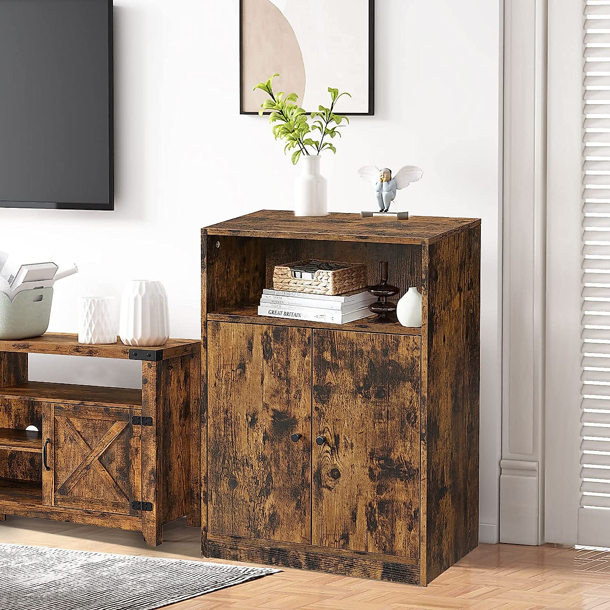 TINKLE WELL Industrial Storage Floor Cabinet, Wood Sideboard with Door and 2-Tier Adjustable Shelf, Organizer for Kitchen, Living Room, Rustic Brown
