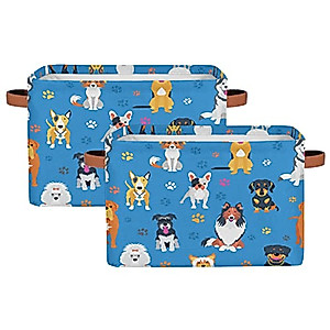 Pardick Animal Dog Breed Paw Storage Basket Storage Cube Bins Cute Puppy Print Canvas Collapsible Toy Basket Organizer Waterproof Laundry Box with Handle for Shelf Closet Office Bedroom, 2PCS