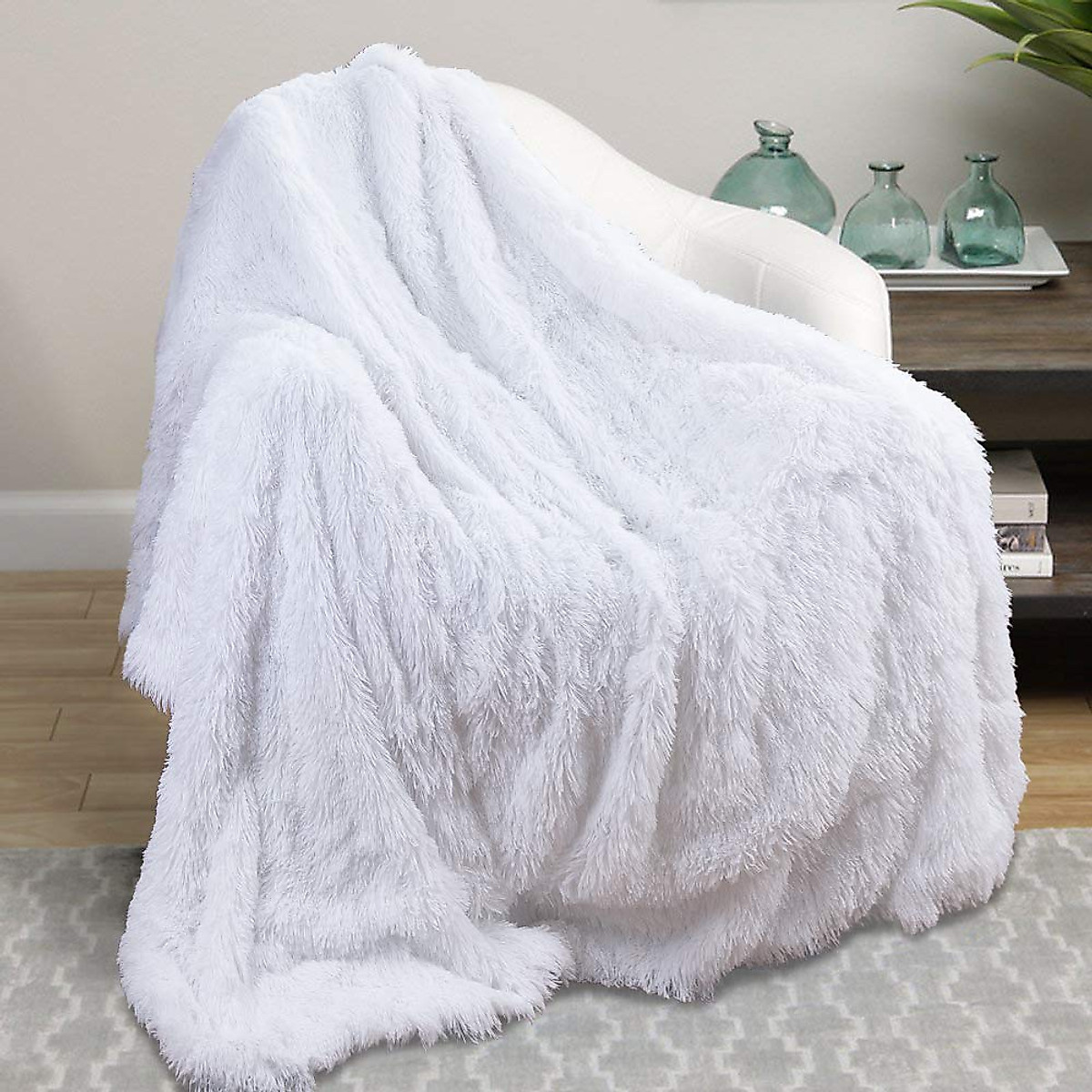 HOMORE Soft Fluffy Blanket Fuzzy Sherpa Plush Cozy Faux Fur Throw Blankets for Bed Couch Sofa Chair Decorative, 50''x60'' White