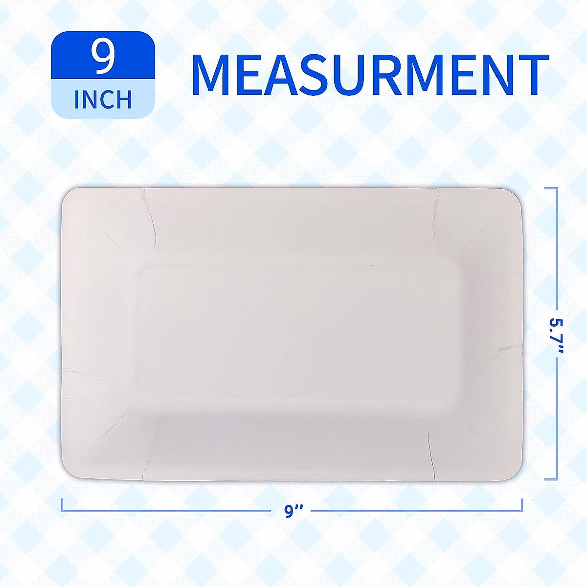 DYLIVeS Blue and White Buffalo Plaid Plates, 9.1 x 5.7 Inch Blue Checkered Disposable Paper Food Trays for Dessert Appetizers Snack Hotdog Rectangular Platters for Picnic, Graduation Party, 50 Pcs