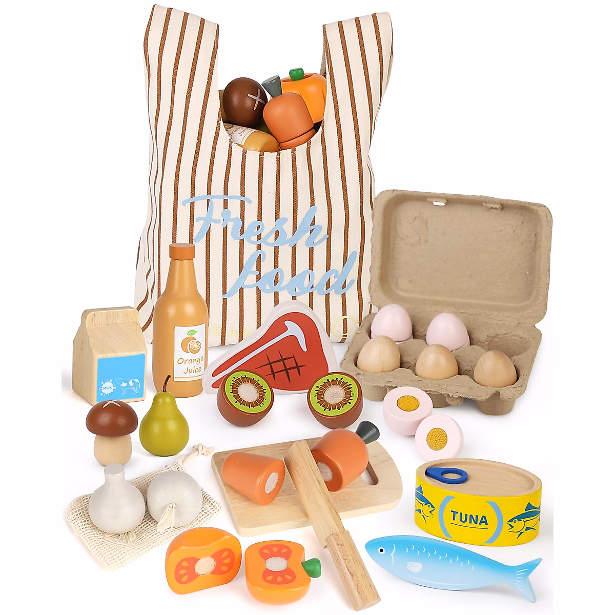 Lehoo Castle Wooden Play Food Sets for Kids Kitchen, Food Toys for Toddlers 3+ Year Old, with Shopping Bag, Pretend Food Play Kitchen Cutting Fruits Vegetables Toys, Gift for Boys Girls