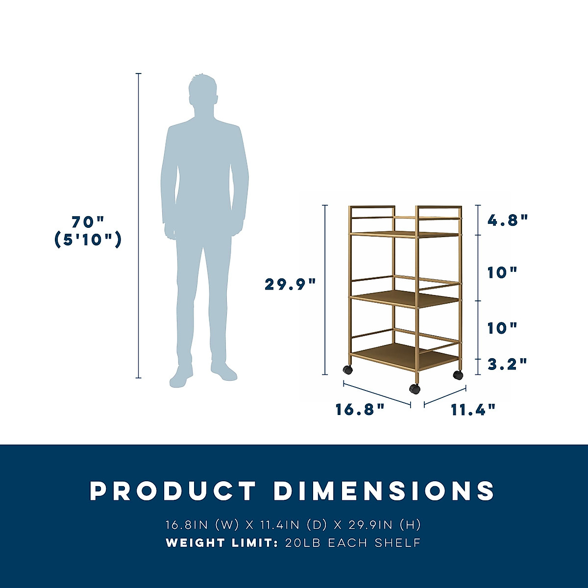 Novogratz Helix 3 Shelf Metal Rolling Utility Cart, Gold