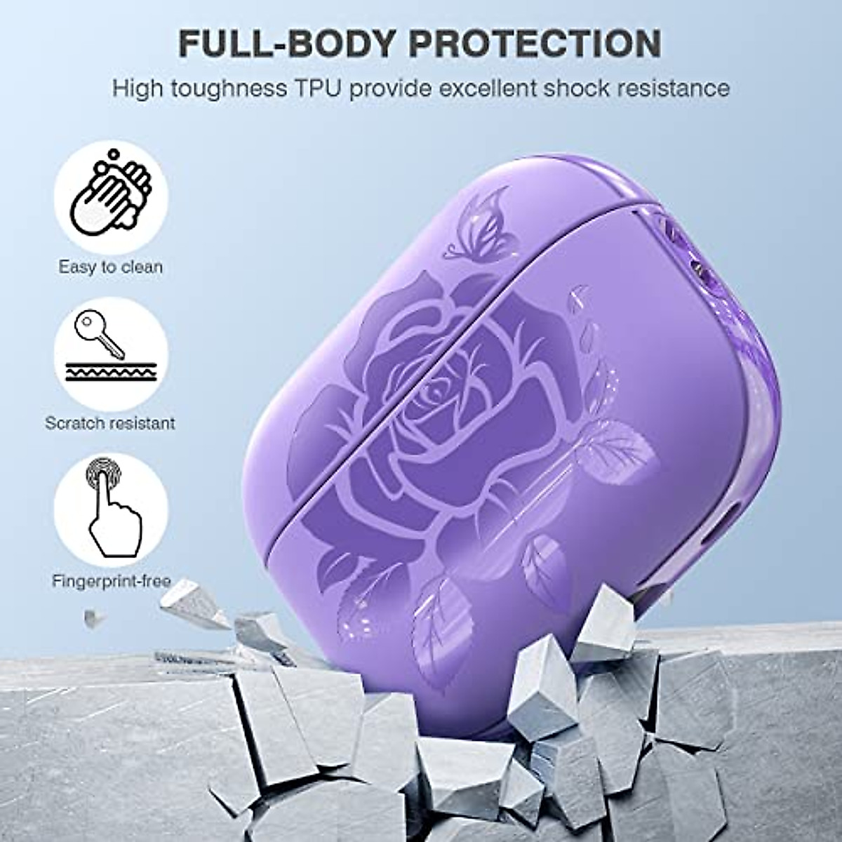 for Airpods Pro 2 Case (2022),DATIMIRA Rose Engraved TPU Apple airpods pro 2nd Generation Case Cover with Strap for Women and Girls,Purple