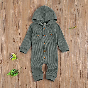 Ynibbim Winter Newborn Baby Boy Girl Solid Romper Unisex Infants Hooded Outfit Clothes Waffle Cotton Button Jumpsuits (Grey, 0-3 Months)