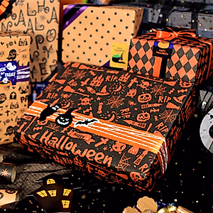 sorkwo Halloween Wrapping Paper Sheet, 6 Sheets Halloween Pattern Paper Flat Wrapping Paper Sheets Gift Wrapping Paper with 6 style for Halloween Birthday Party Gift