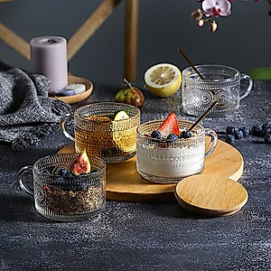 4pcs Set Vintage Coffee Mugs, Overnight Oats Containers with Bamboo Lids and Spoons - 14oz Clear Embossed Glass Cups, Cute Coffee Bar Accessories, Iced Coffee Glasses, Ideal for Cappuccino, Tea, Latte