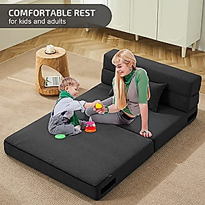 SUYOLS Folding Sofa Bed with Pillow - Convertible Chair Floor Couch & Sleeping Mattress - Foldable Memory Foam Sleeper for Living Room/Dorm/Guest Room/Home Office/Apartment/Upstairs Loft, Dark Grey