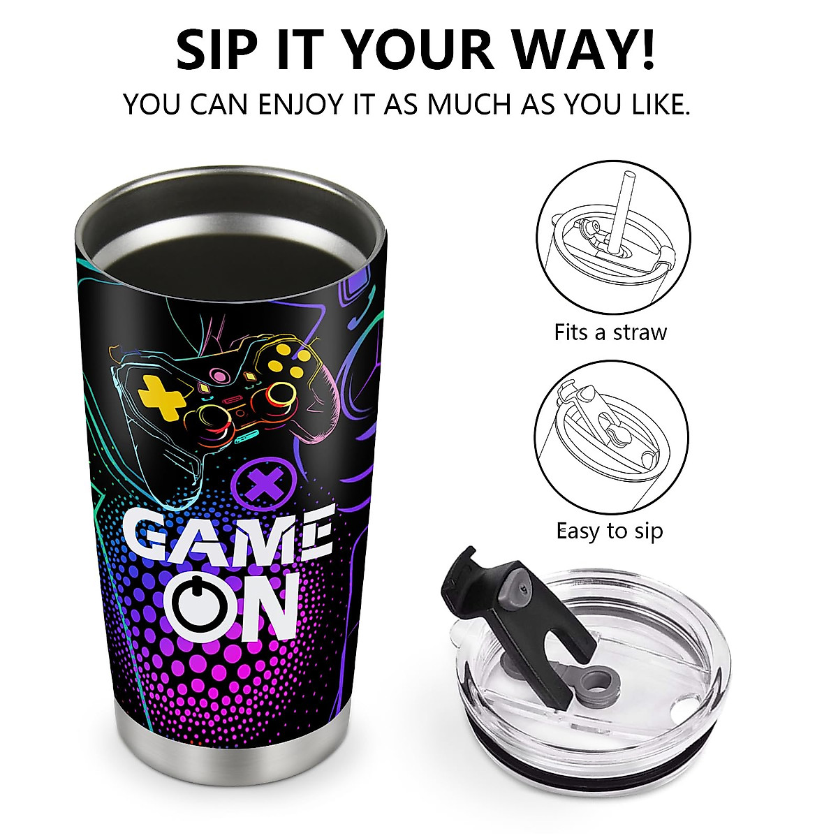 Jekeno Gamer Mug Tumbler Boys Gifts - Gaming Gamepad Presents for Kids Teens Men Son Dad Boyfriend Husband Father Easter Birthday Christmas Video Game Controller Cup 20oz Stainless Steel