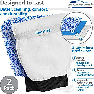 Relentless Drive Cyclone Car Wash Mitt & Works as Car Wash Sponge, Microfiber Wash Mitt Scratch Free, Ultra Absorbent Microfiber Mitt for Cars, Trucks, SUV, Boat & Motorcycle (2 Pack, Large Glove)