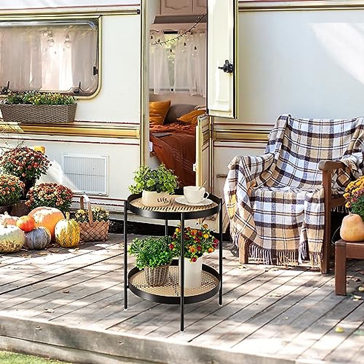 danpinera Black Side Table, 2 Tier Removable Tray Imitation Rattan Table for Living Room, Small Round Table for Bedroom, Small Metal Table for Nightstand 20.47 Inch x 16.54 Inch