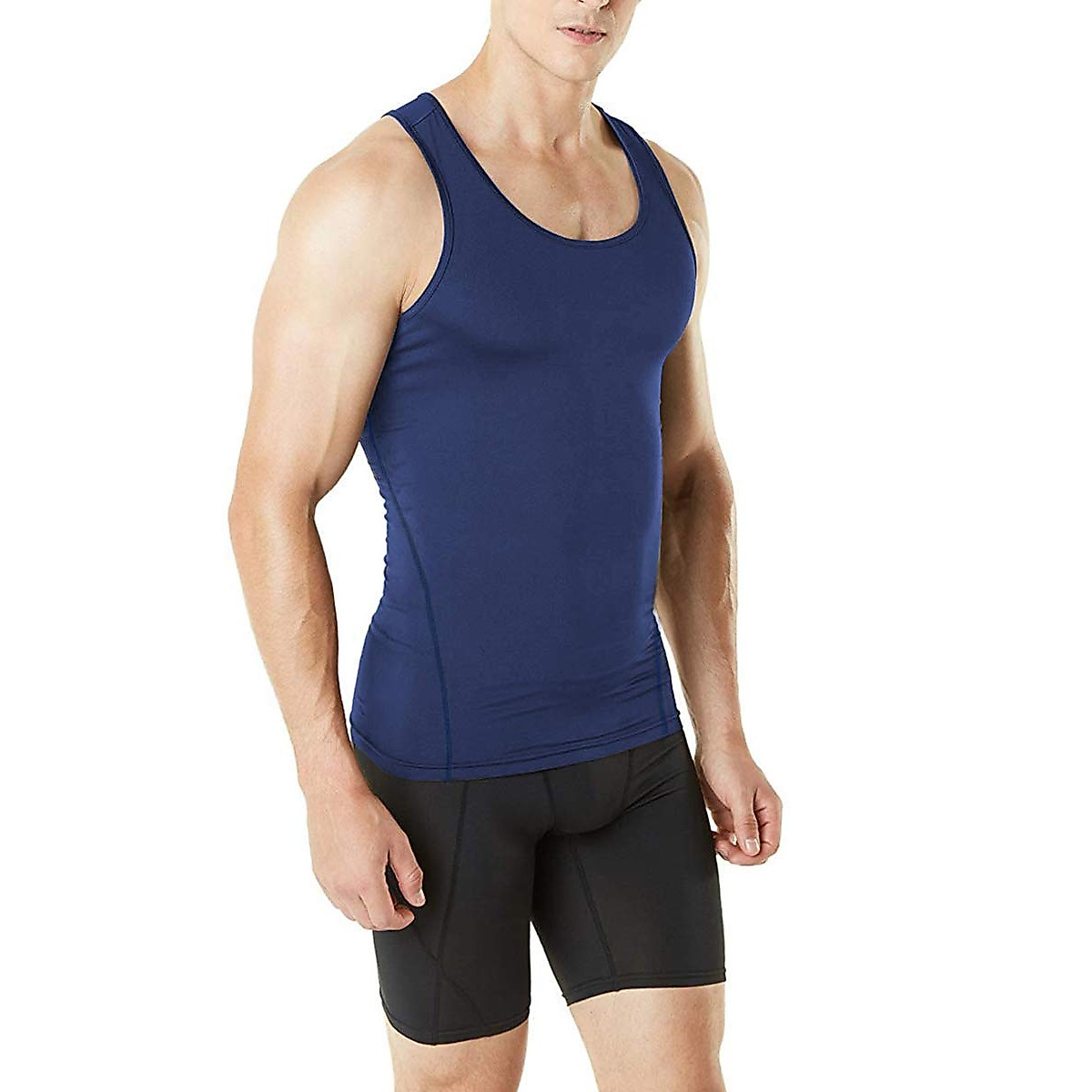 HIBETY 3 Packs Men's Sleeveless Compression Tank Top,Base Layer Compression Undershirts Dri Fit Workout Sports Shirts Tops(Black/Blue/Red-04-L)