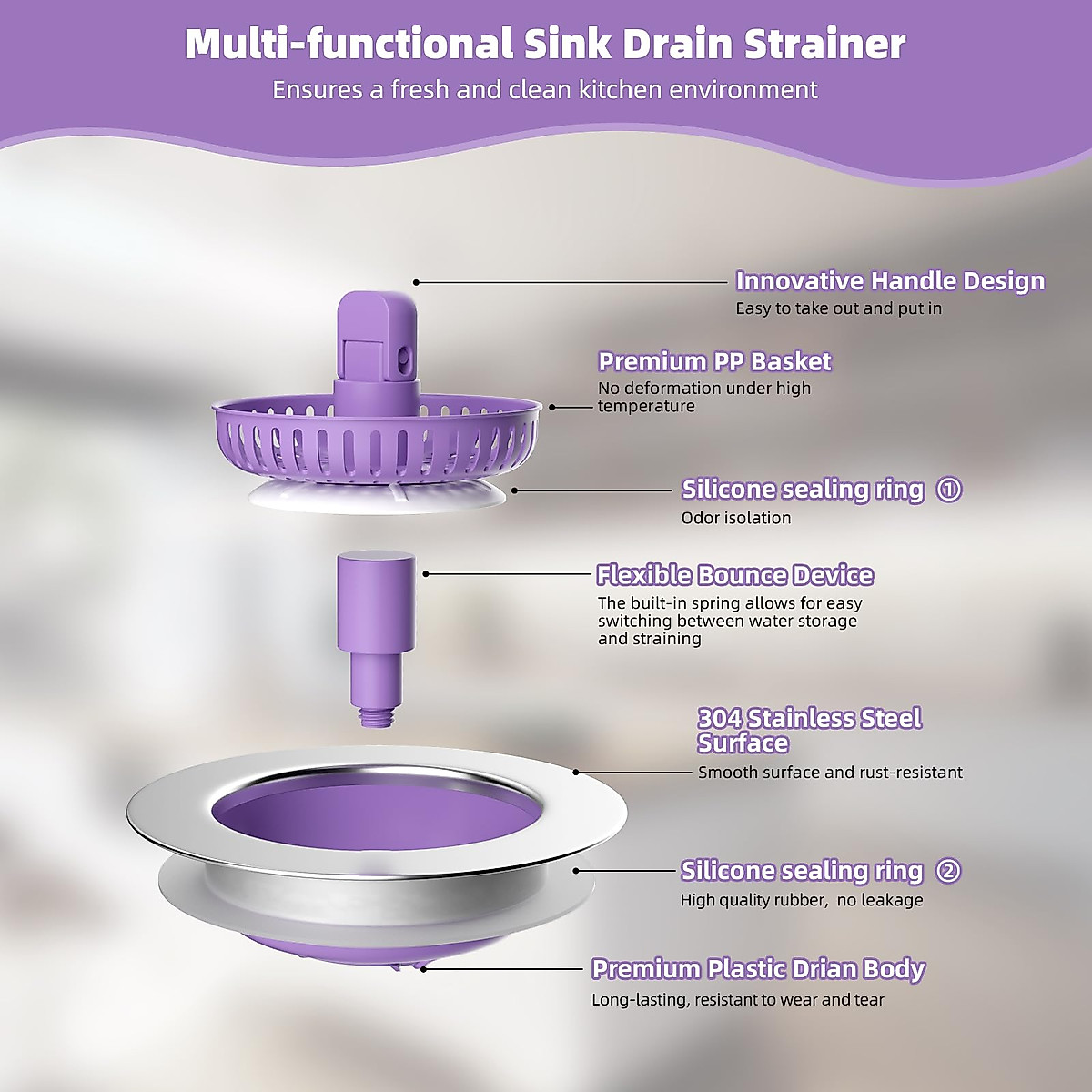 Hibbent Universal 3 in 1 Kitchen Sink Drain Strainer with Sink Stopper, Chrome Stainless Steel Wraped Shell, Anti-Clogging Basket Strainer, Foldable Handle, Fit for US Standard 3-1/2" Drain, Purple
