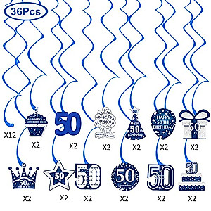 36Pcs 50th Birthday Decorations Hanging Swirls Party Supplies for Men, Happy 50 Year Old Birthday Party Ceiling Hanging Foil Swirl Decor, Blue Silver Fifty Birthday Hanging Sign