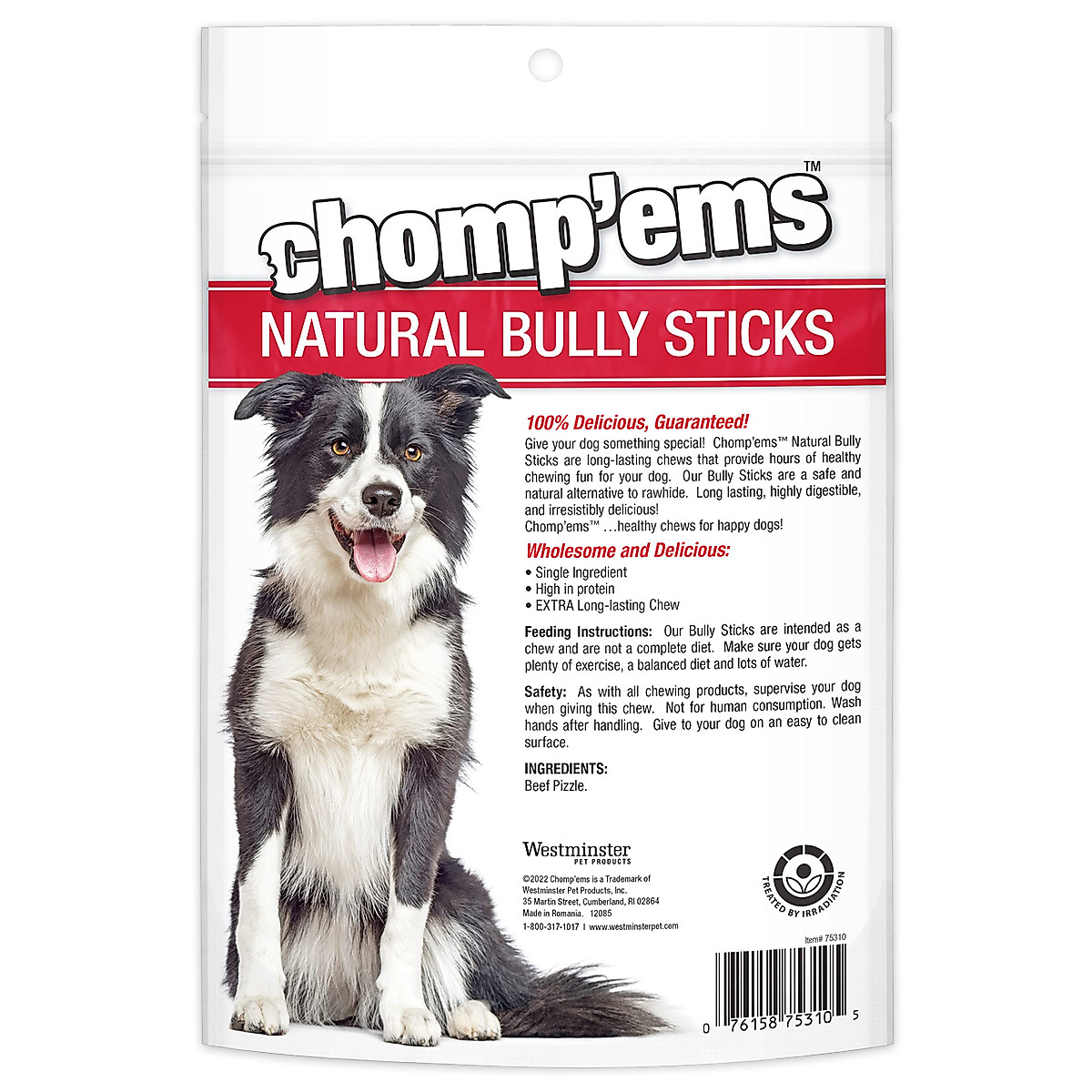 Chomp'ems Naturally Delicious Bully Sticks - Long Lasting No Hide Dog Chews - No Artificial Flavors, Colors, Or Preservatives - Protein Rich Alternative to Rawhide, 8 Oz.