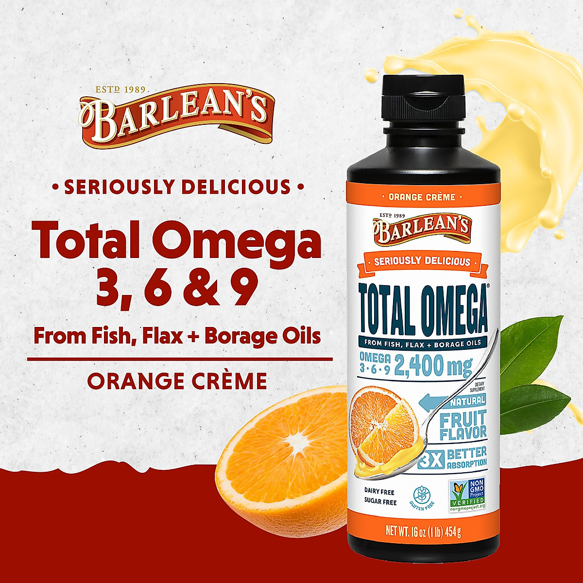 Barlean's Total Omega 3 Fish Oil Liquid Supplement, Orange Crème Flavored with Borage Oil and Flaxseed Oil, 2,400 mg of Omegas 3 6 9 EPA and DHA Plus GLA, 16 oz