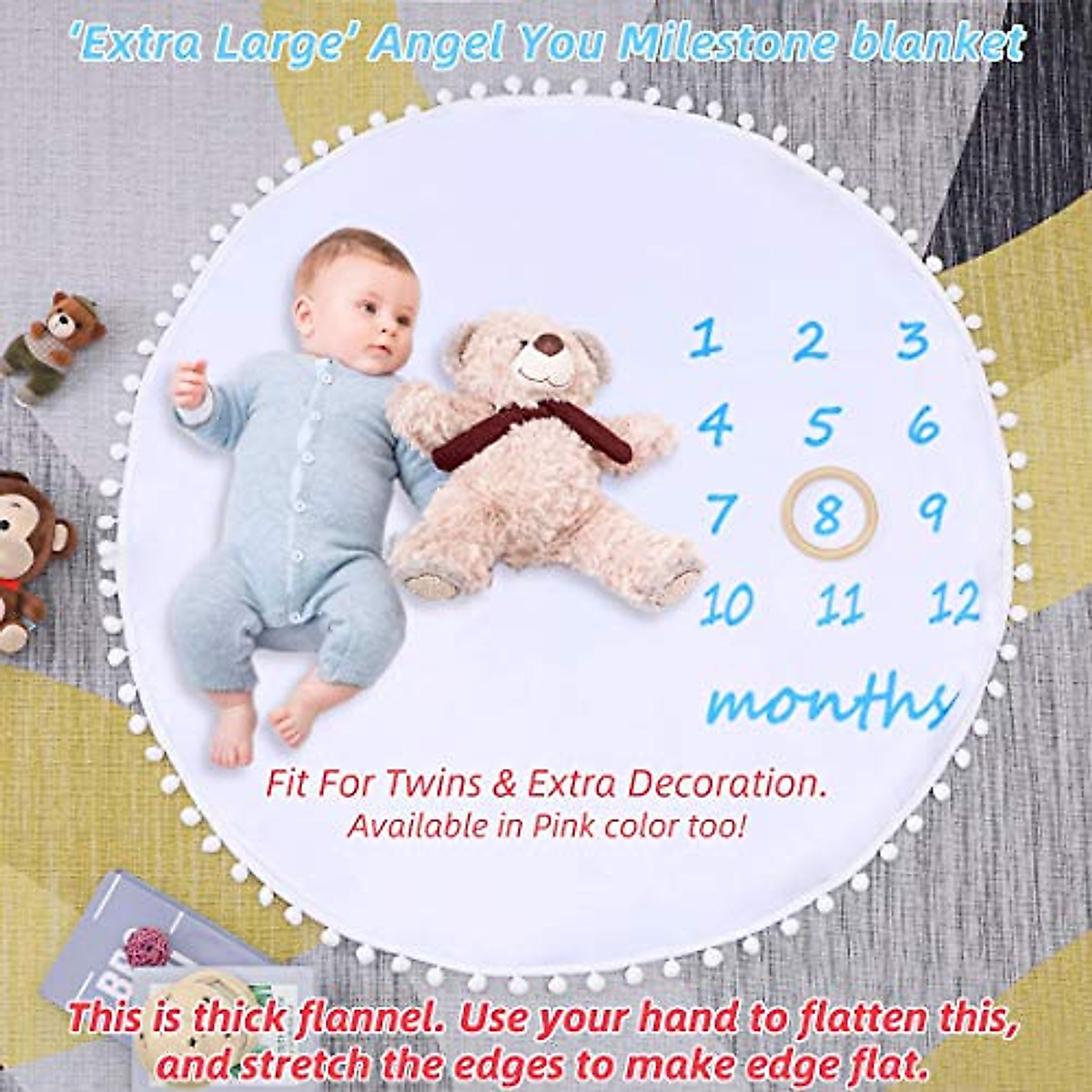Baby Milestone Blanket for Baby Boy/Monthly Blanket (XL) with Wooden Ring. Personalized Thick Soft Round Blanket for Baby Boy/Newborn/Pregnancy Photography/Growth Tracking