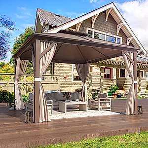 EROMMY 12' x 12' Gazebo, Outdoor Galvanized Steel Roof Hardtop Canopy with Aluminum Frame, Permanent Metal Pavilion with Netting and Curtains, for Patio Backyard Deck and Lawns