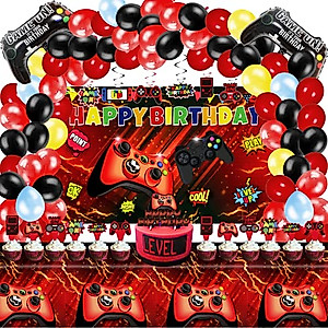 Video Game Birthday Party Decorations - 109Pcs Red and Black Gamer Gaming Party Supplies For Boys Birthday Party - Happy Birthday Gaming Backdrop, Table Cover, Hanging Swirls, Cupcake Topper, Cake Topper, Multi-Color Balloons and Foil Gamer Balloon