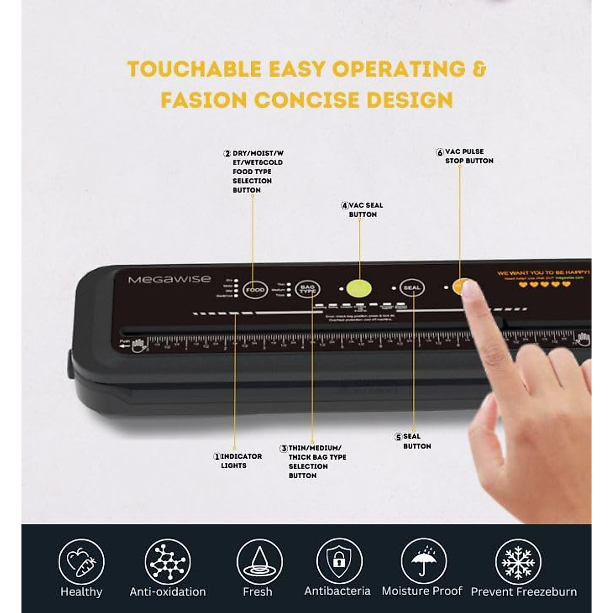 2023 Model B Megawise Powerful & Compact Vacuum Sealer Machine One-Touch Automatic Food Sealer 4 Food Types (Cold Wet Moist Dry) & 3 Bag types (Thick Medium Thin）OMNI MACHINE (Black)