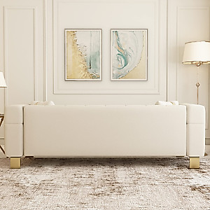 MoLiFaning 89" Modern Chesterfield Velvet Sofas Mid Century Modern Button Tufted Velvet Couches with 2 Pillows and Gold Legs,for Living Room Apartment Bedroom Office Beige