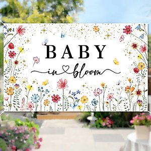 Baby in Bloom Backdrop Banner Baby Shower Decorations for Girls, Large Size 3 x 5Ft Wildflower Baby in Bloom Backdrop Banner Party Supplies