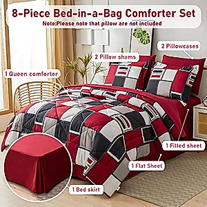 Junsey 8 Pcs Bed in A Bag Queen Size, Red Black Plaid Comforter with Flat Sheet,Fitted Sheet, Bed Skirt, Pillowcases & Shams, Burgundy Patchwork Down Alternative Bedding Comforter with Sheet