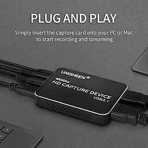 UNISHEEN USB 3.0 Game Capture Card 4K HDMI Video Adapter Card, Broadcast Live Stream and Record, HDMI to USB 3.0 Dongle HD 1080P Live Streaming Video Game Grabber Converter