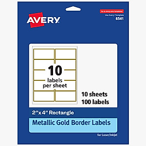 Avery Printable Shipping Labels, 2" x 4", Matte White with Gold Border, 100 Blank Mailing Labels (6541)