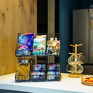 X-cosrack XXL Stackable Wire Baskets for Pantry Organizers and Storage, 2 Pack Snack Organizer Baskets with 4 Removable Dividers, Metal Pantry Storage Bins for Snack Canned Spice Food, Black